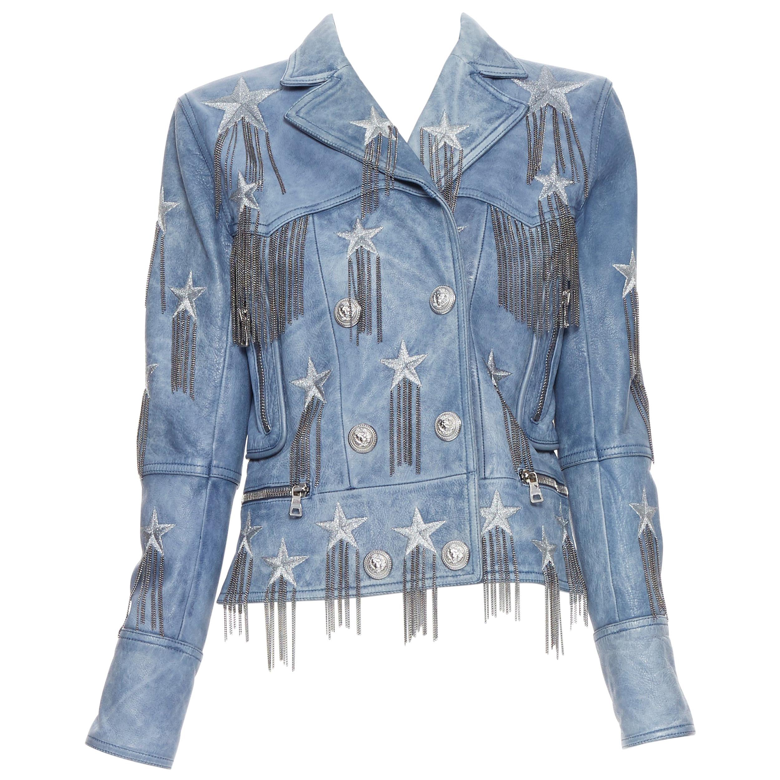 new BALMAIN blue star chain embellished double breasted leather biker ...