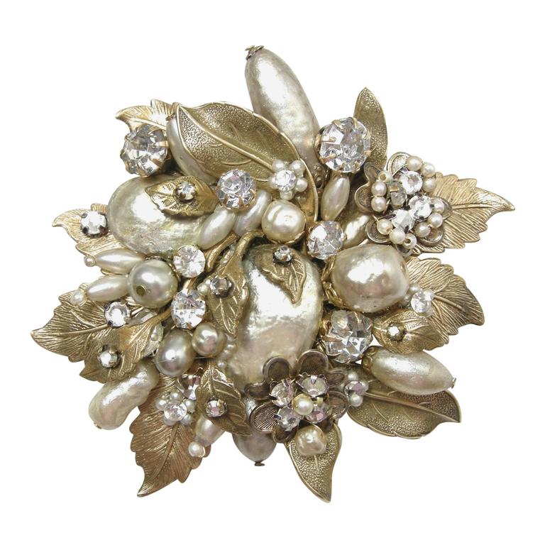 Vintage Signed Miriam Haskell Floral Design Brooch Pin For Sale at 1stDibs