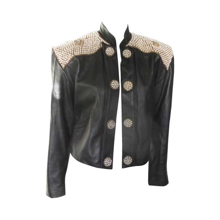Black leather jacket embroided with pearls and rhinestones at 1stDibs