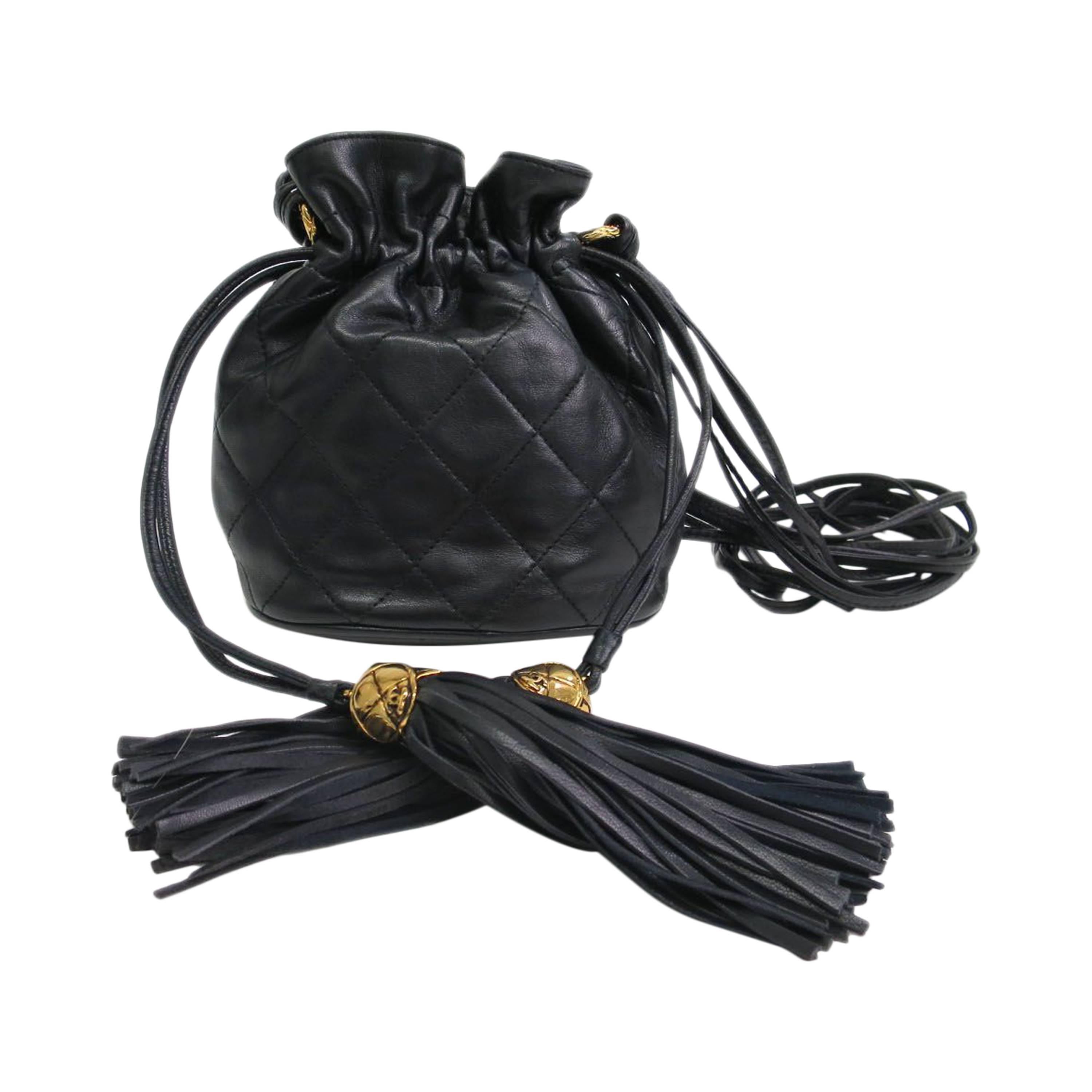 Chanel Vintage Black Lambskin Leather Mini Drawstring Bucket Crossbody ...