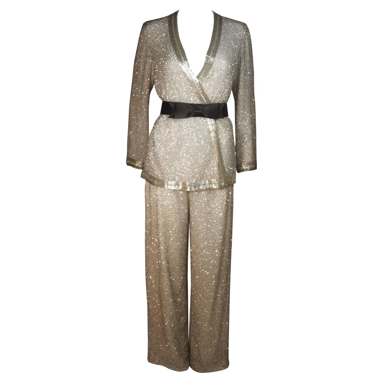 Silver and White Silk Beaded Pant Suit with Palazzo Pants Size Medium ...