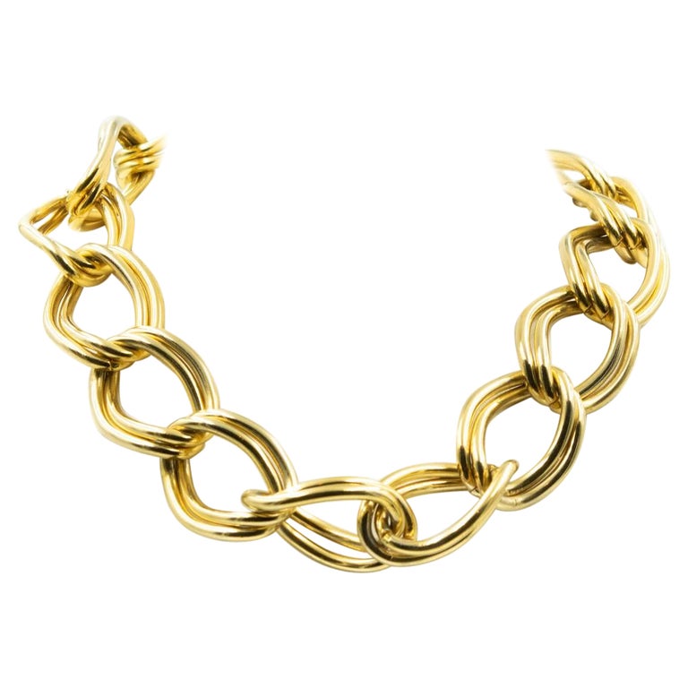 Wide Gold Tone Double Chain Link Necklace Choker Collar For Sale at 1stDibs
