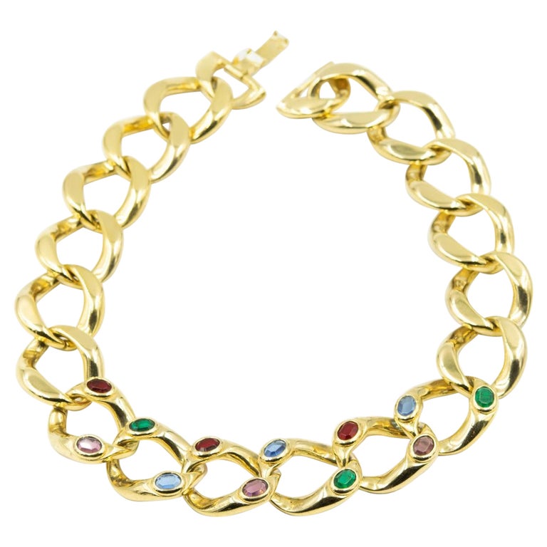 Wide Chain Link Gold Tone with Colored Crystal Necklace For Sale at 1stDibs