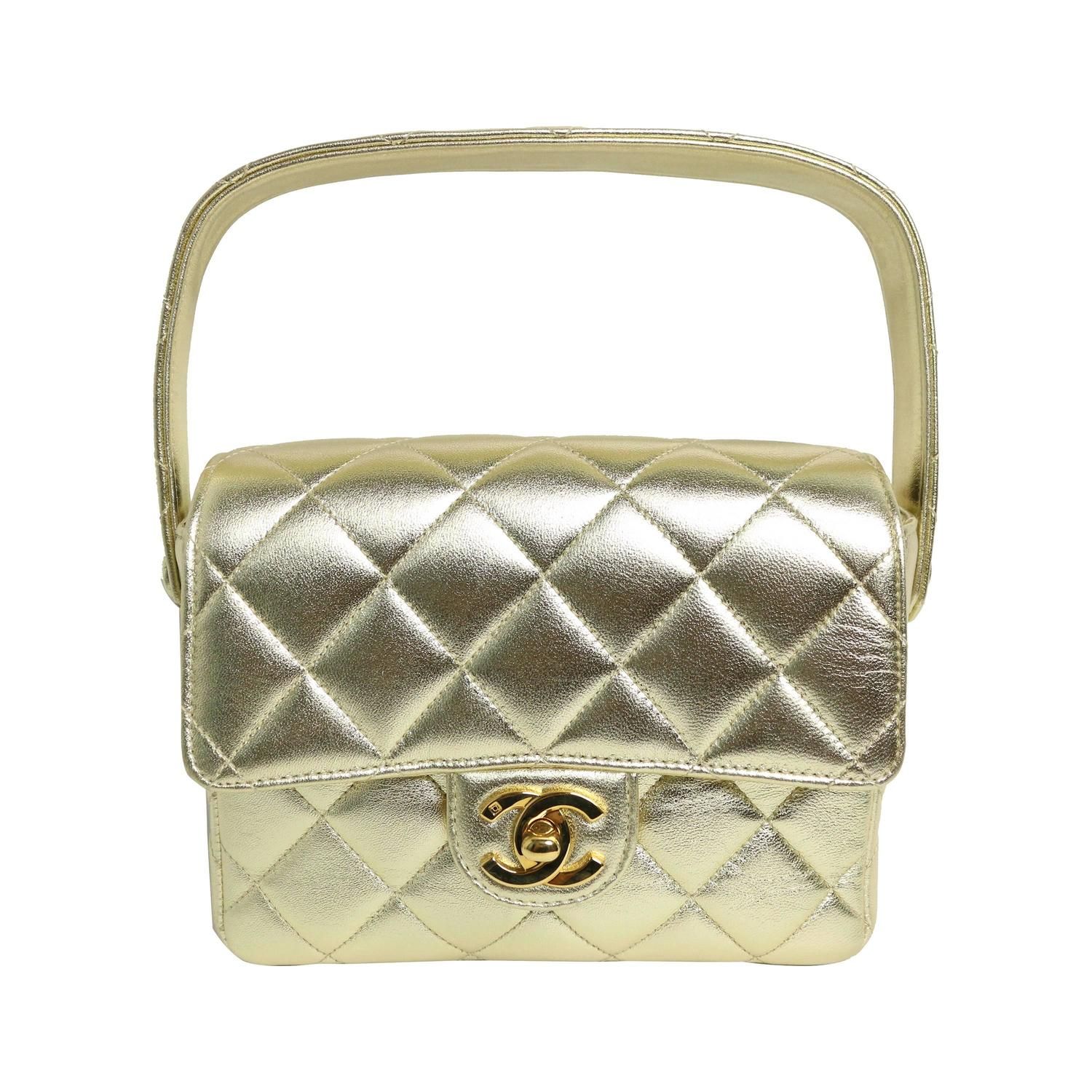 Chanel Gold Metallic Lambskin Quilted Mini Flap Handbag For Sale at 1stdibs