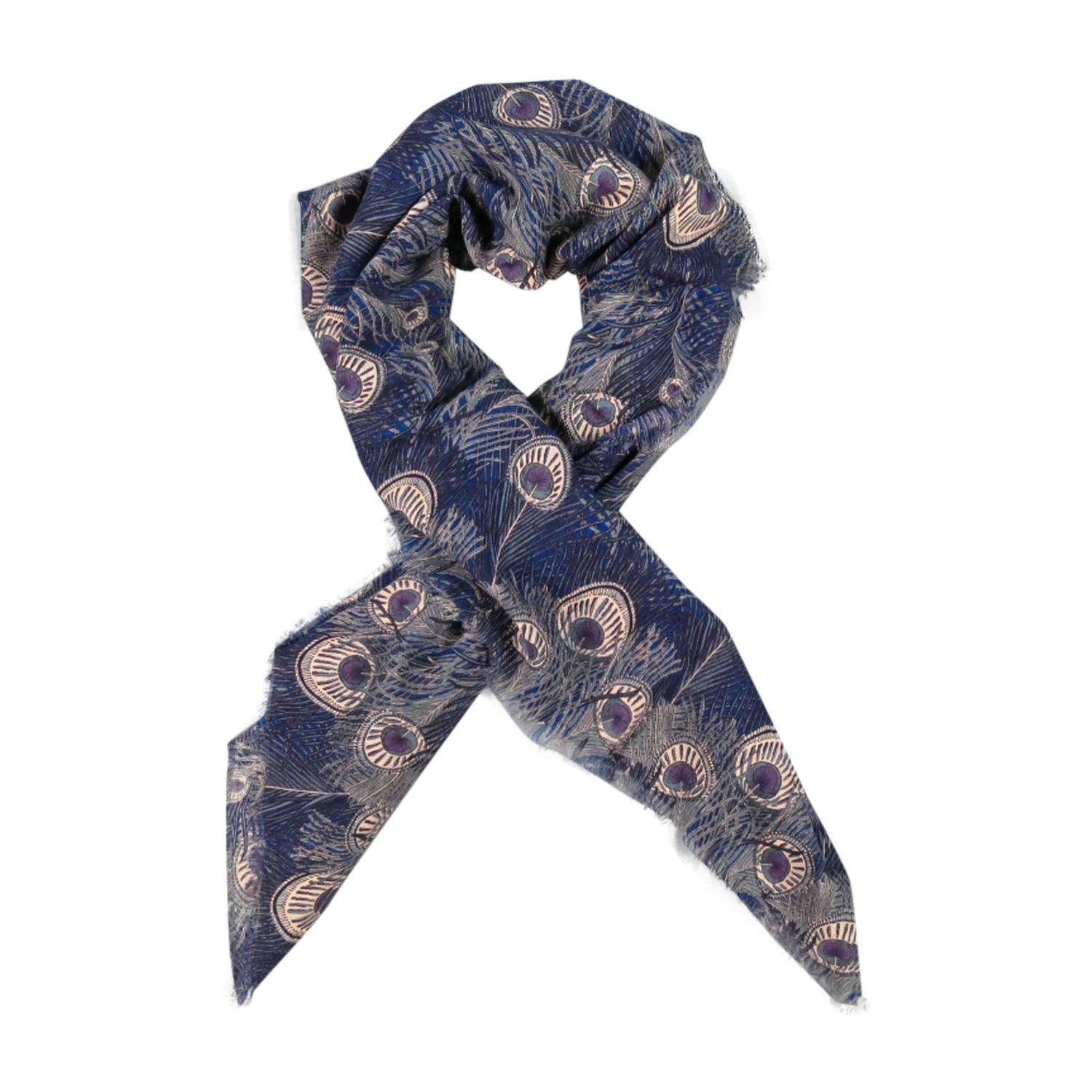 LIBERTY OF LONDON Blue and Grey Peacock Feather Print Wool Shawl Scarf ...