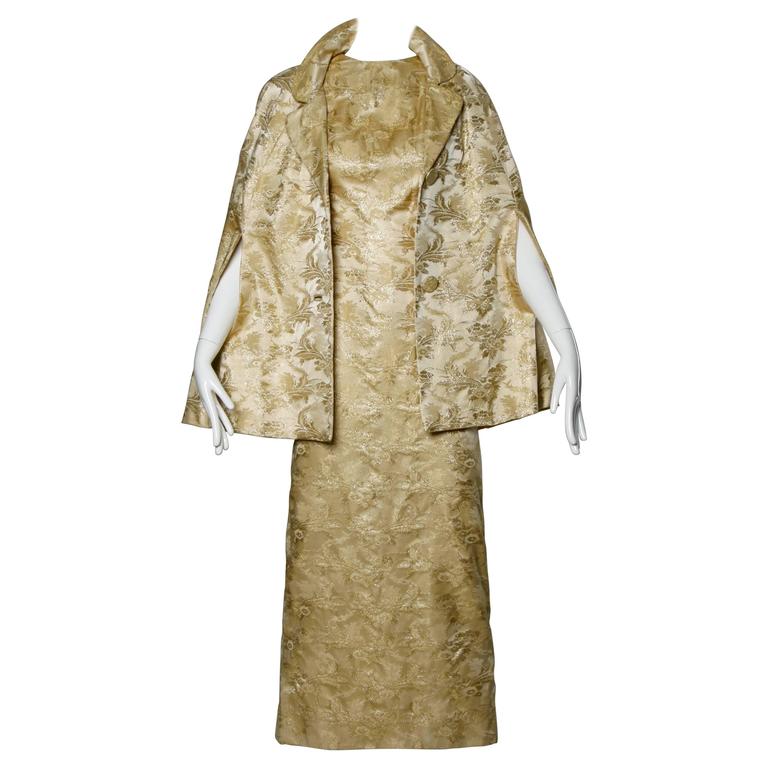 1960s Gold Brocade Cape + Dress 2-Piece Ensemble at 1stDibs