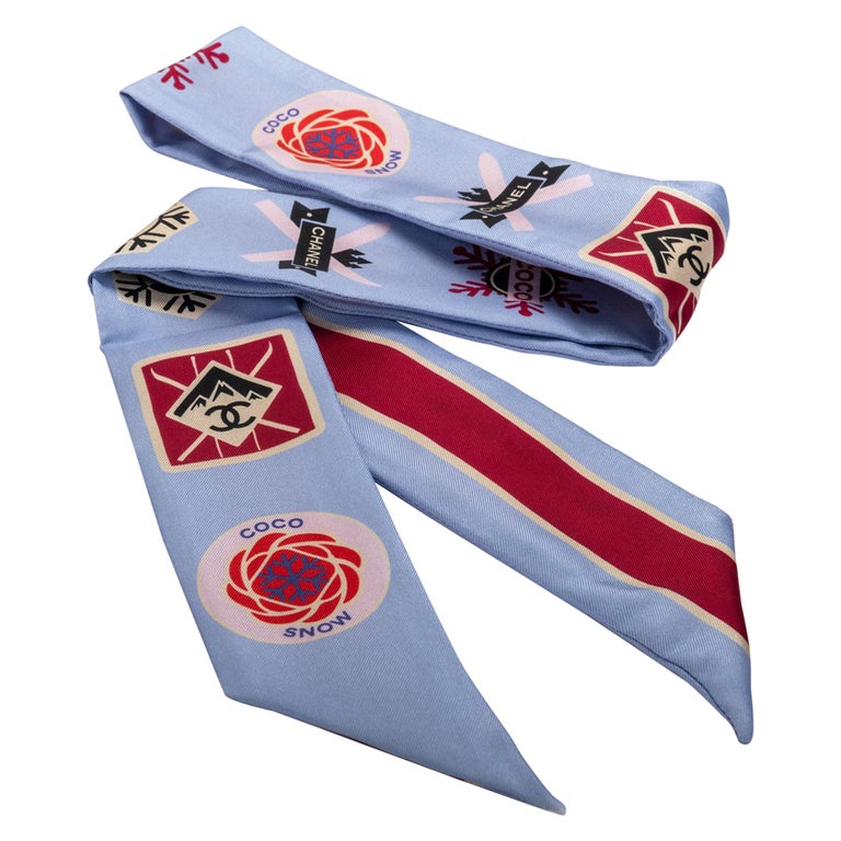 New Chanel Coco Niege Celeste Silk Twilly Scarf For Sale at 1stDibs
