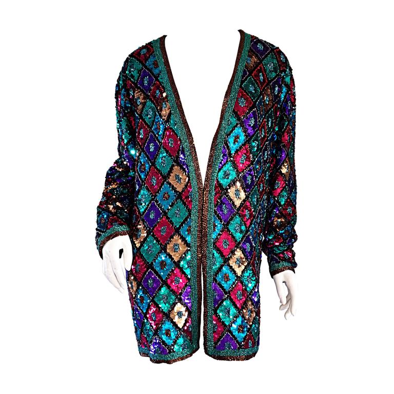 Vintage Oleg Cassini Sequined and Beaded Colorful Slouchy ' Stained ...