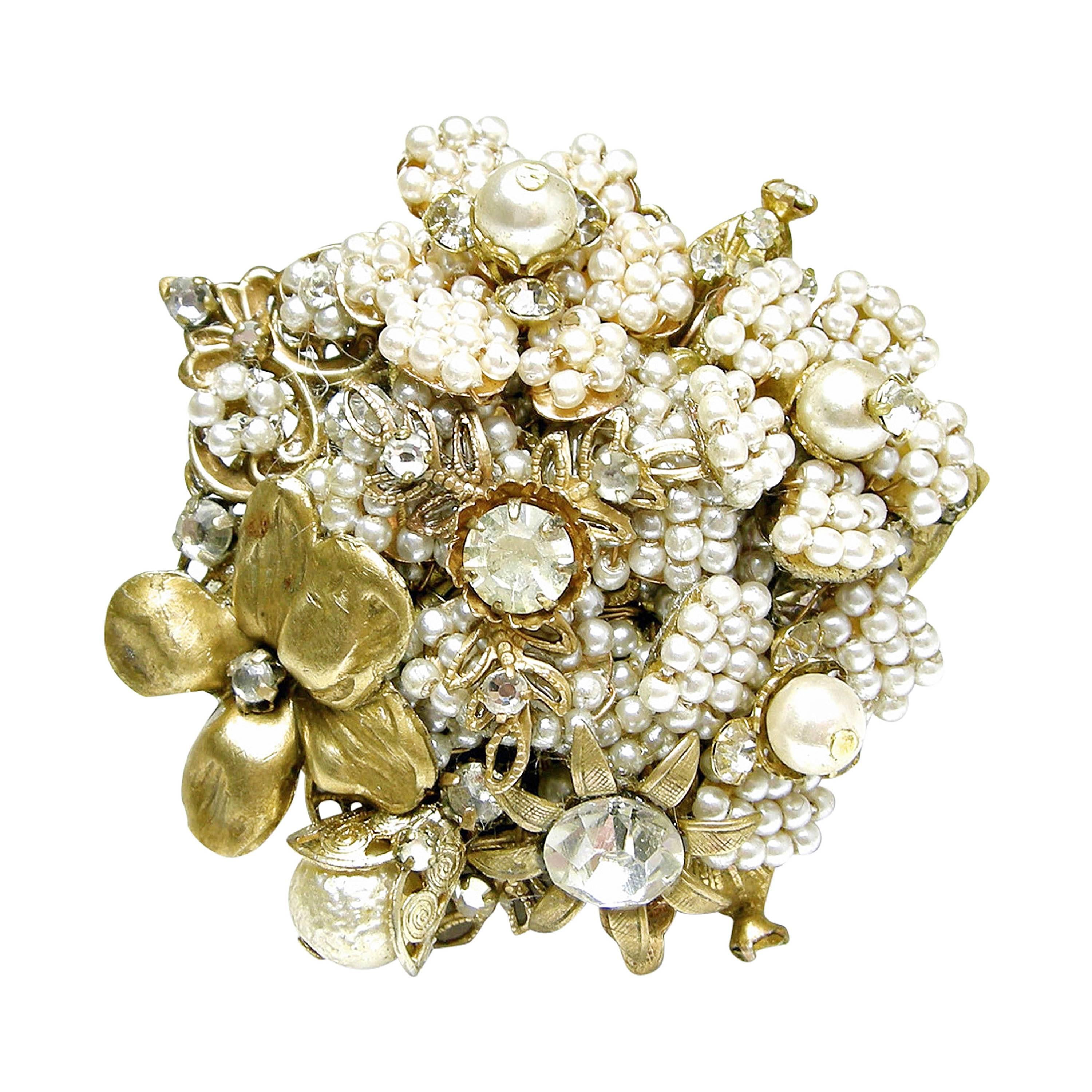 Vintage 1950s Signed Miriam Haskell Faux Pearl and Rhinestone Pin at ...