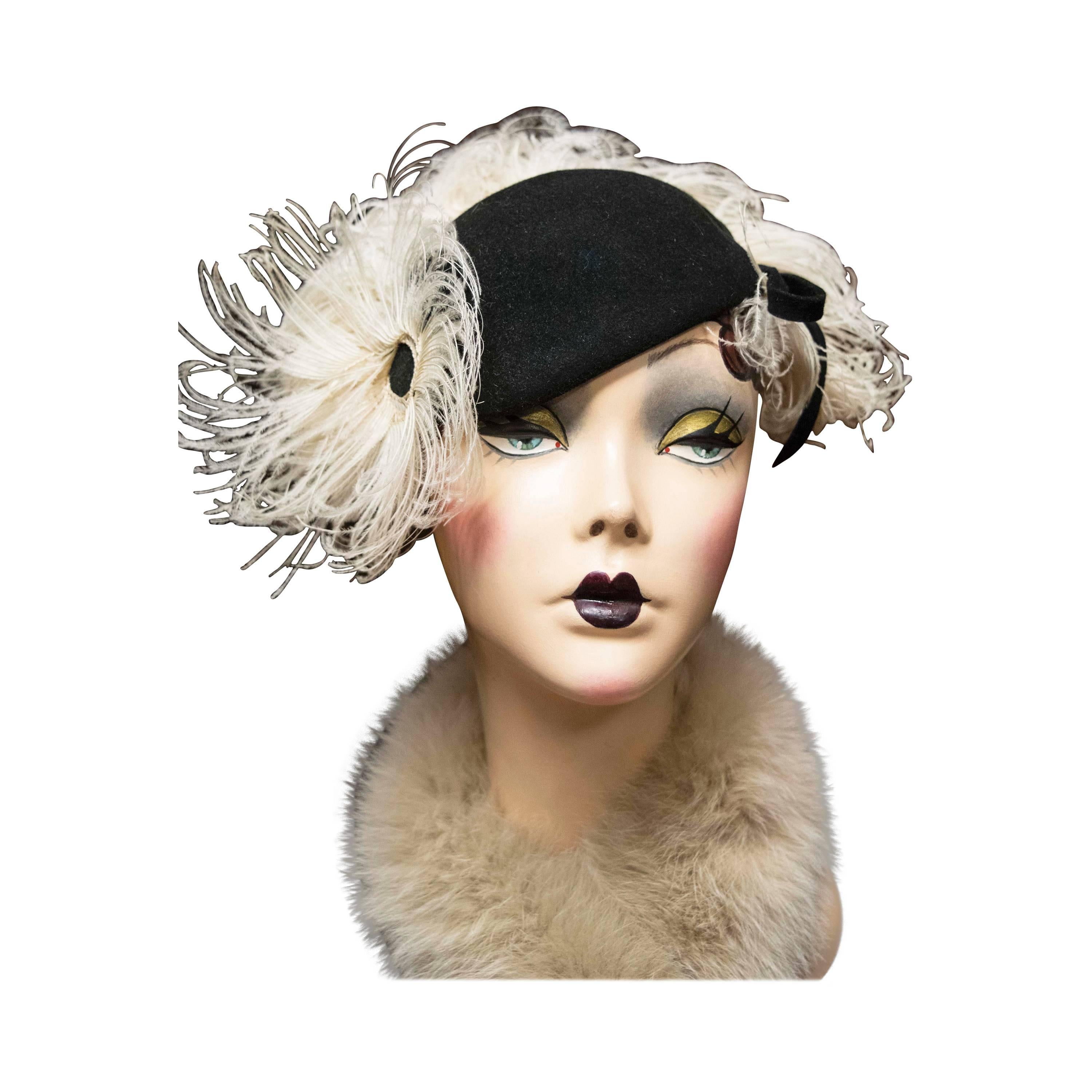 1930s Beaver Felt Skull Hat with Marabou Feathers at 1stDibs