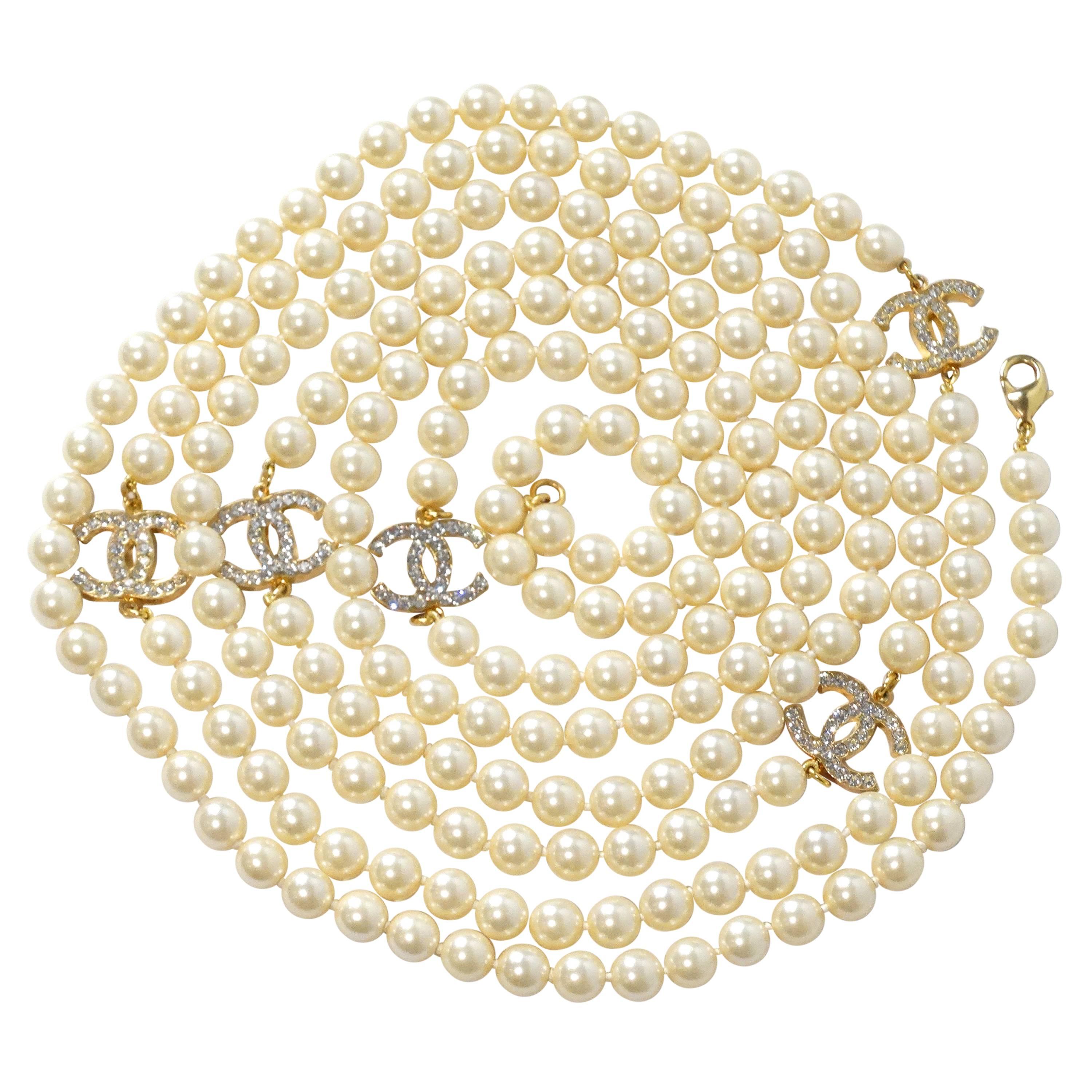 Vintage Chanel 5CC Pearl Necklace with Rhinestones at 1stDibs