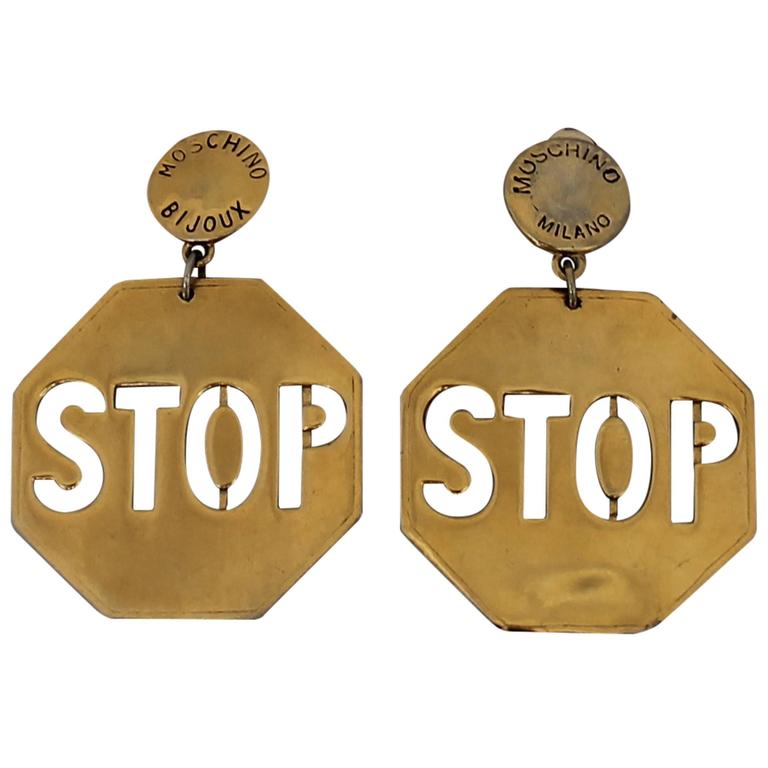 Moschino Vintage Goldtone Stop Sign Clip-on Earrings - circa 1980's at ...