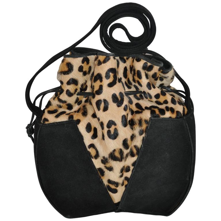 Gino Black Suede and Leopard Print Stamped Pony-Skin Hobo Shoulder Bag ...
