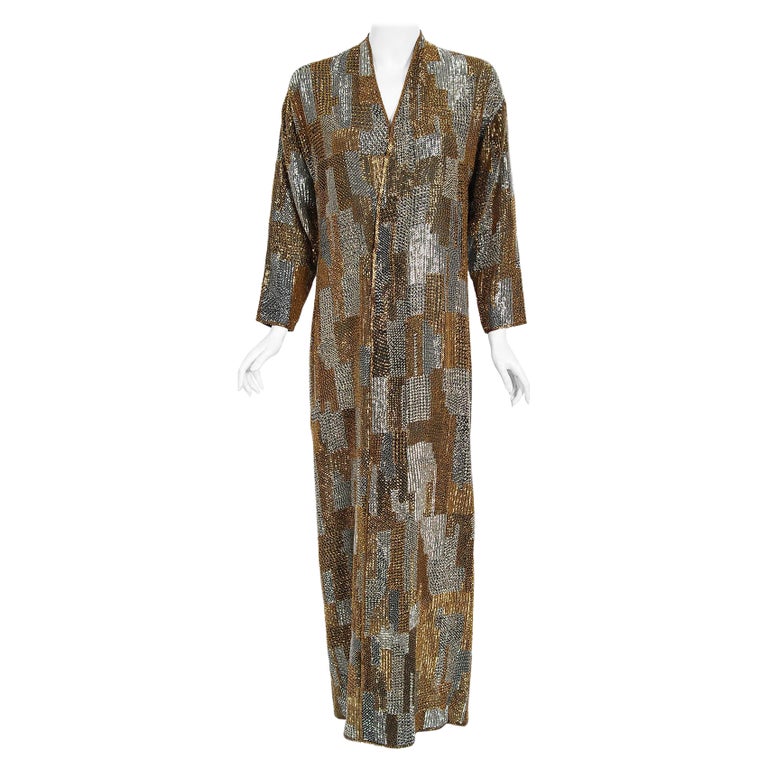 Vintage 1970s Halston Couture Gold and Silver Beaded Silk Wrap Disco ...
