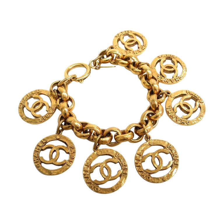 Chanel Medallion Gold Tone Chain Link Chanel Paris CC Charm Bracelet at ...