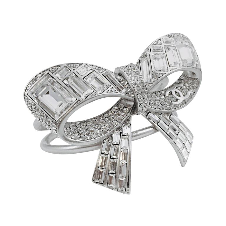 New Chanel 2008 Spring Silver Tone Strass Crystal Bow Cuff at 1stDibs