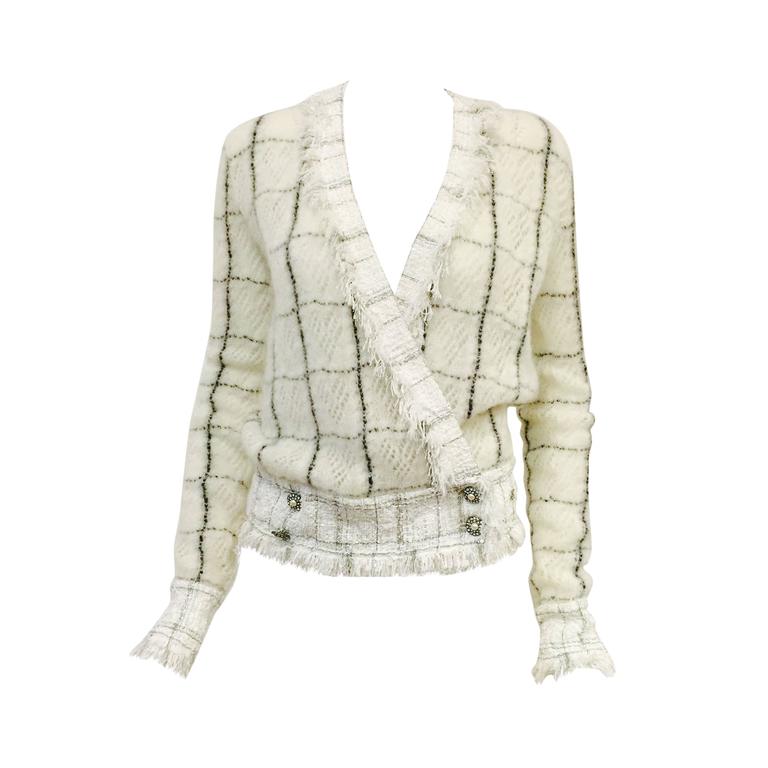 Chanel Mohair Blend Window Pane Check Cardigan With Fringed Tweed Trim ...