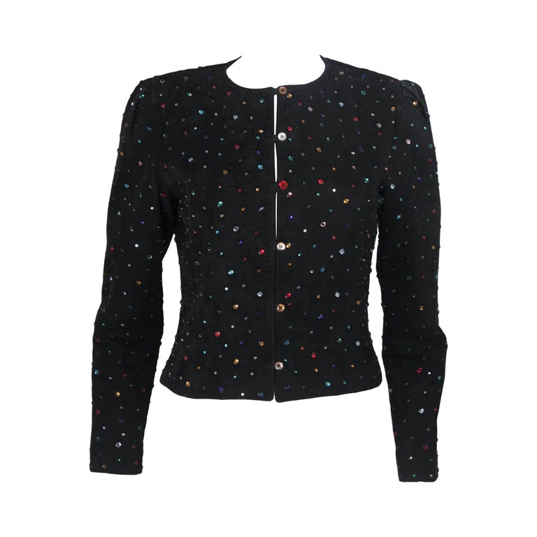 Black Suede Rhinestone Adorned Jacket Size Medium For Sale at 1stDibs