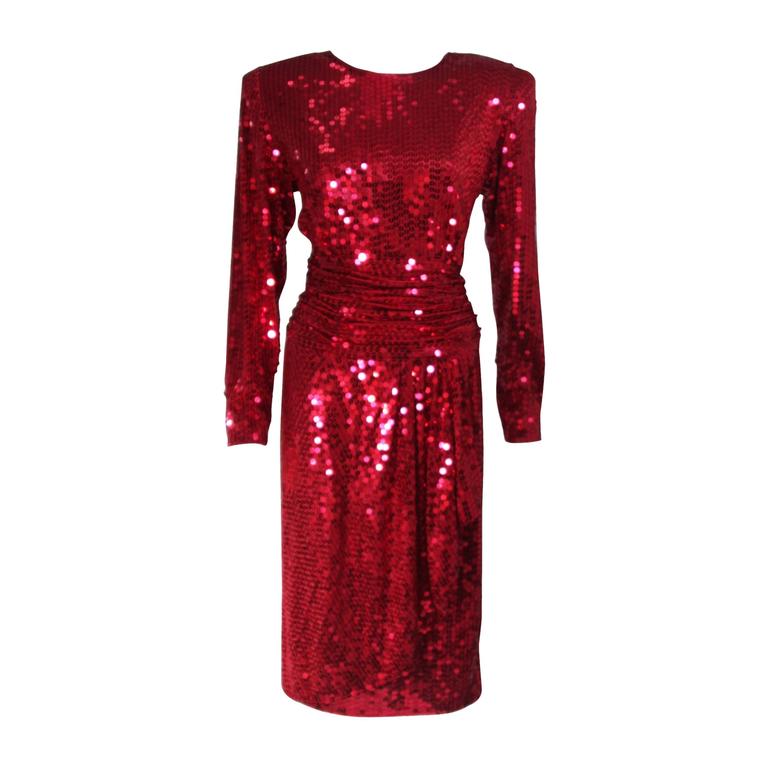 OLEG CASSINI Draped Raspberry Sequined Cocktail Dress Size 14 at ...