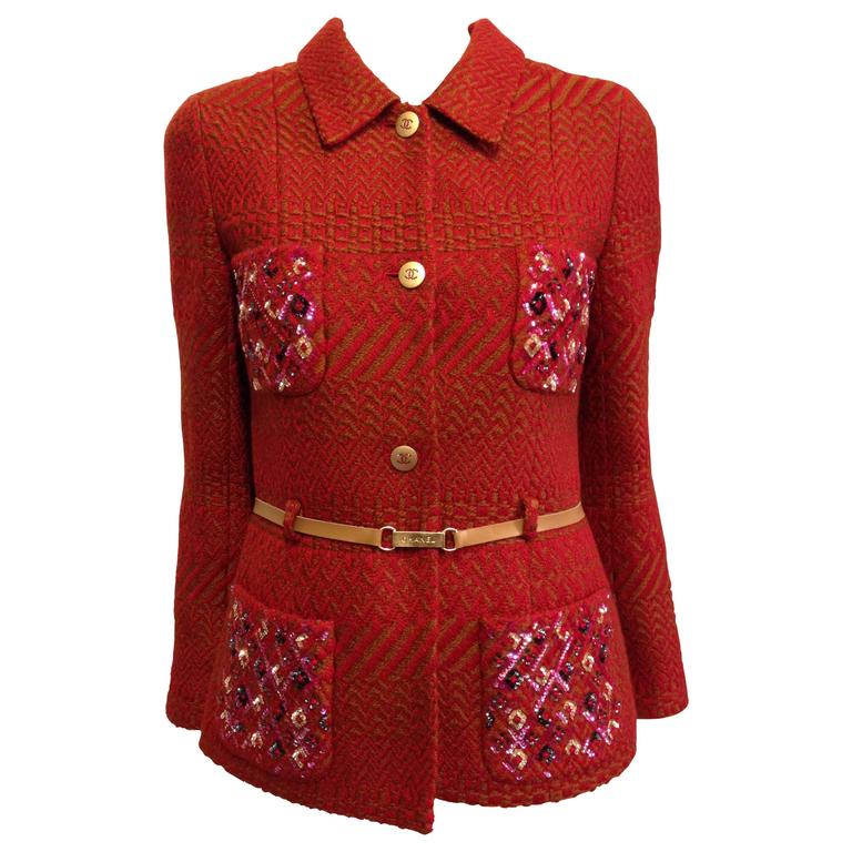 Chanel Rust Red Jacket with Sequined Pockets at 1stDibs