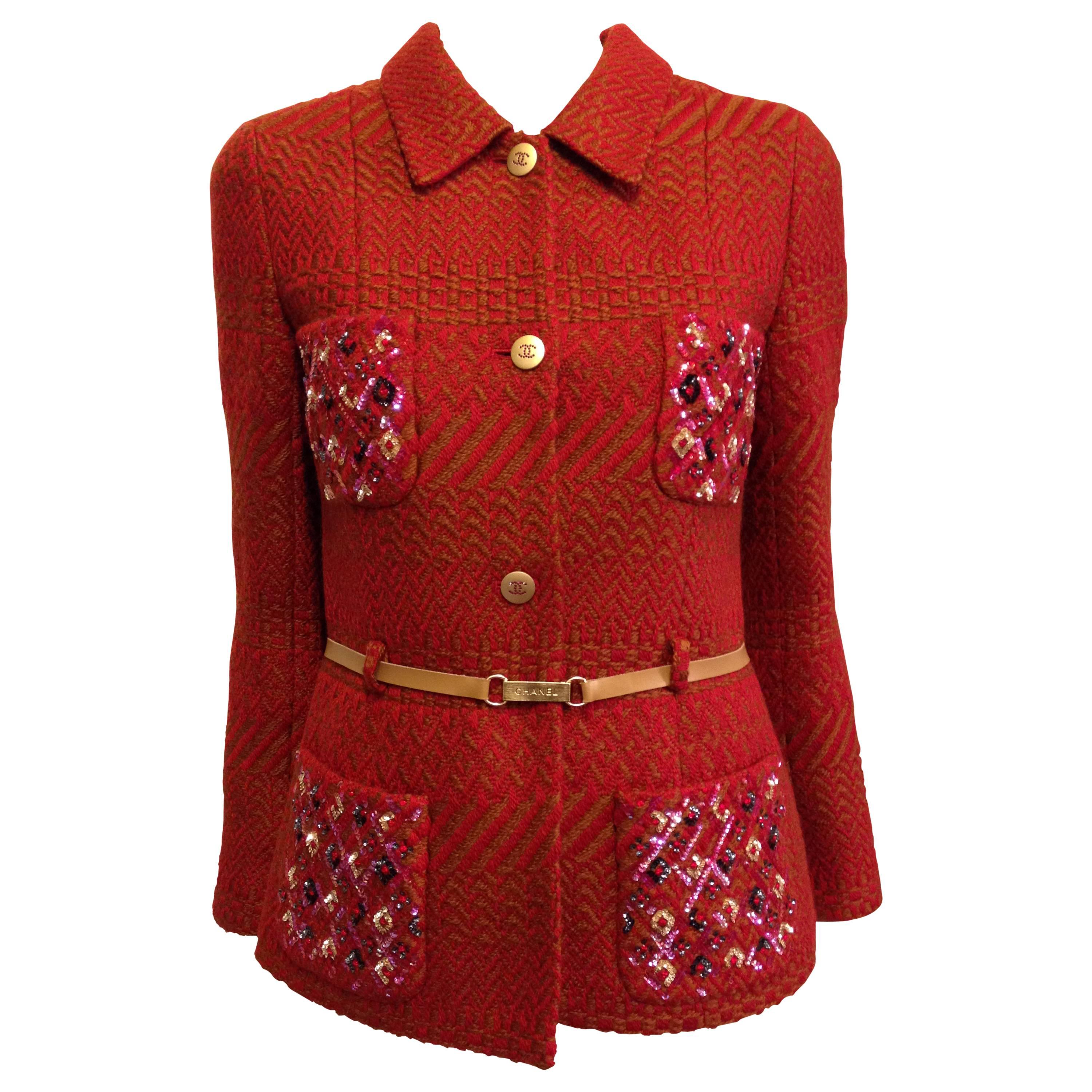 Chanel Rust Red Jacket with Sequined Pockets at 1stDibs