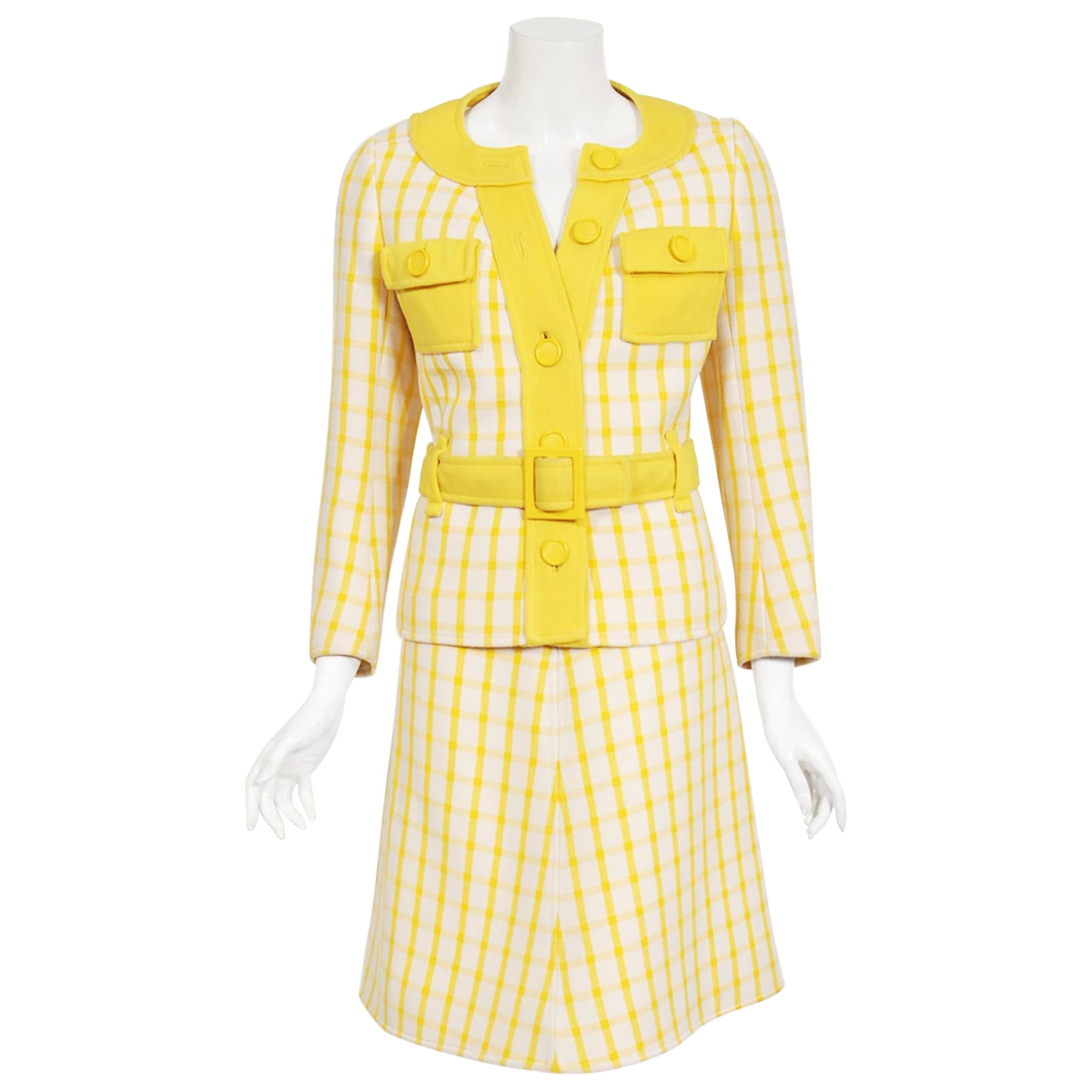 Vintage 1967 Courreges Couture Yellow White Checkered Wool Belted ...