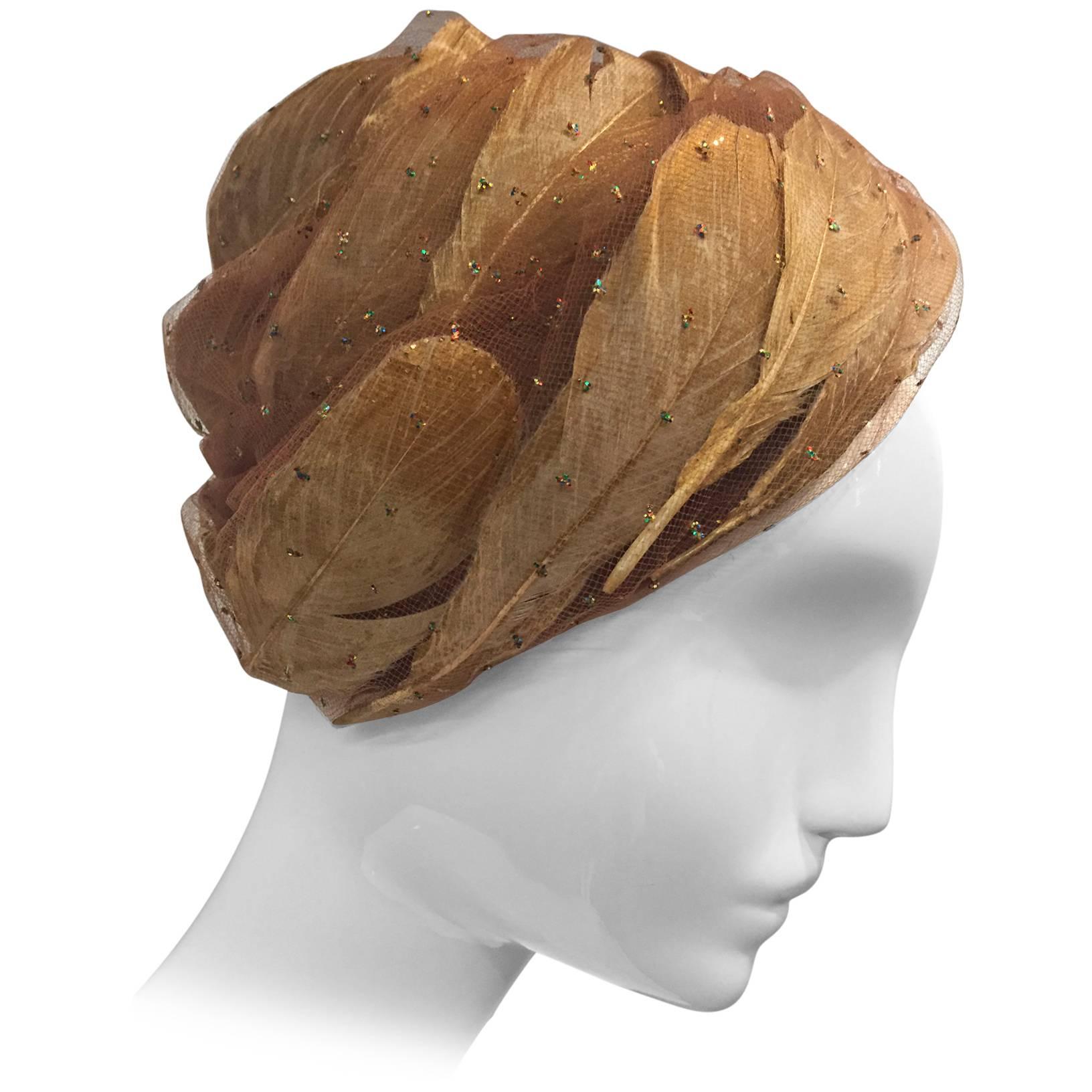 1960s Christian Dior Tulle and Gold Feather Turban w/ Sparkling Glitter ...