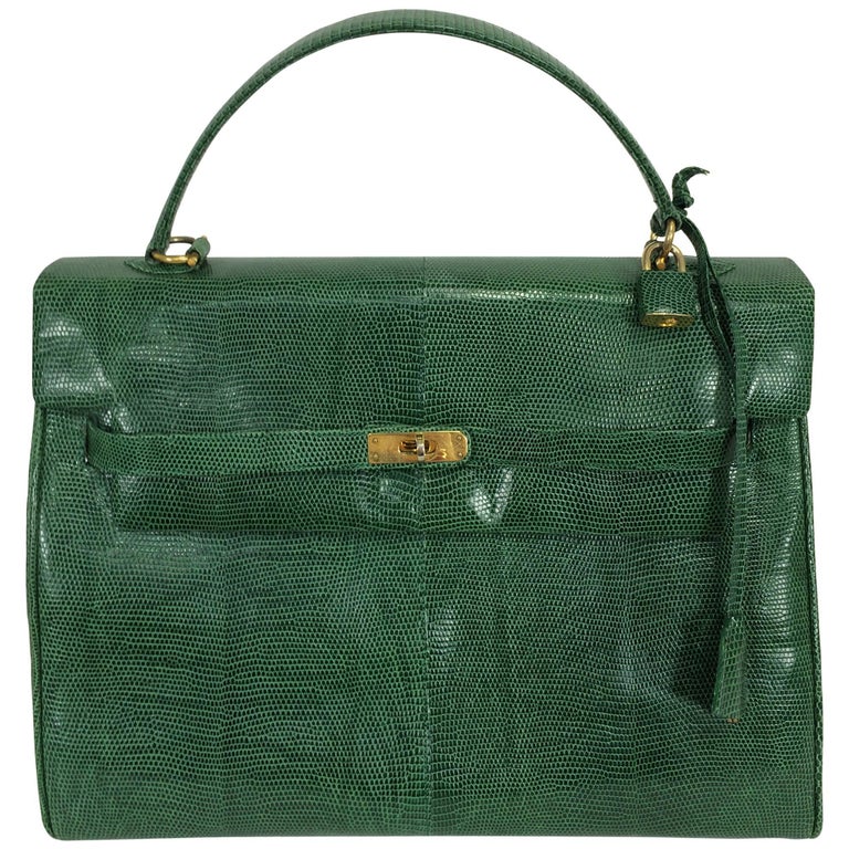 Luc Benoit green glazed lizard Kelly style handbag gold hardware 1990s ...