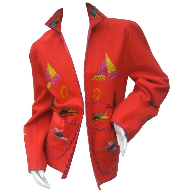 Mexican Red Felt Wool Embroidered Jacket ca 1950s For Sale at 1stDibs ...