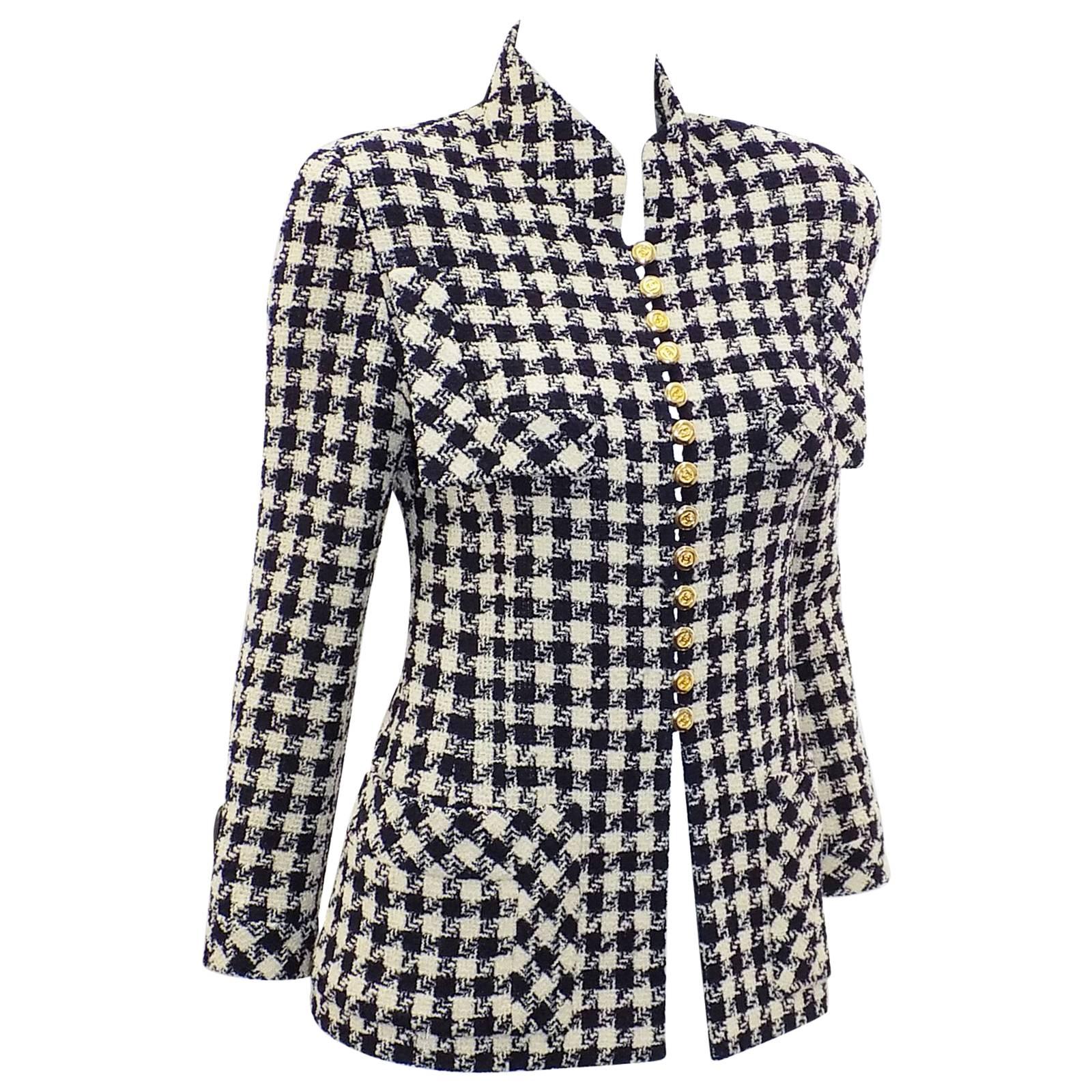 Chanel Vintage black and ivory Checker Jacket cc logo buttons at 1stDibs