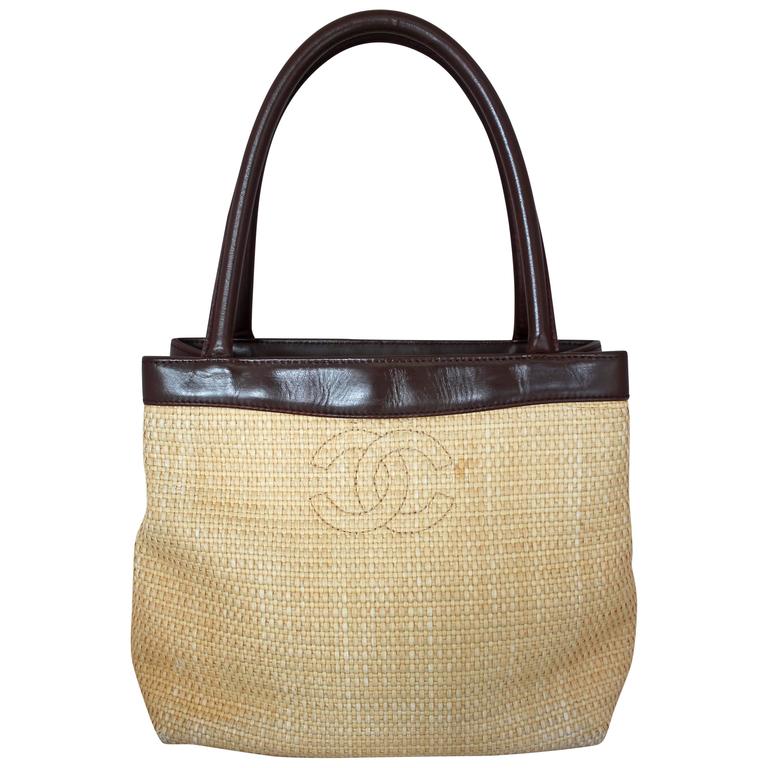 Chanel Raffia Small Tote w/ Brown Leather Trim w/ "CC" Logo - Circa ...