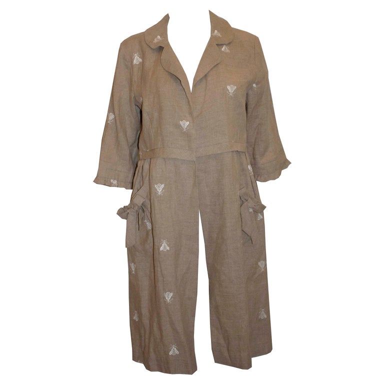 Vintage Linen Duster Coat with White Insect Embroidery at 1stDibs