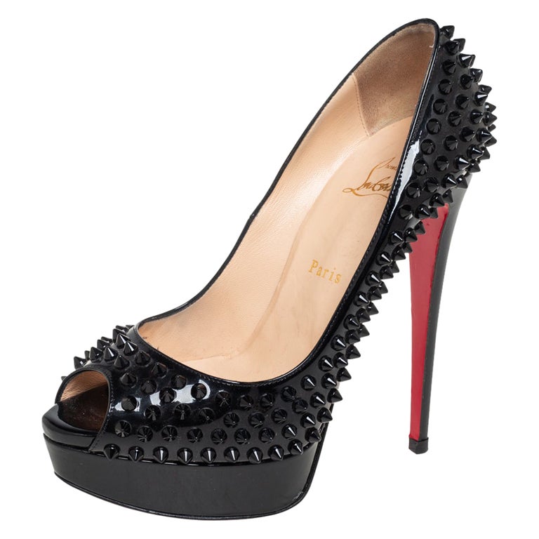Christian Louboutin Black Patent Spike Lady Peep Toe Platform Pumps Size 39 For Sale at 1stDibs
