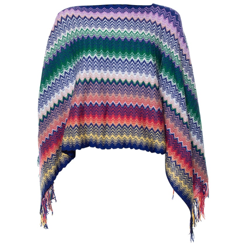 Missoni Multicolor Chevron Patterned Knit Fringe Detail Poncho (One ...