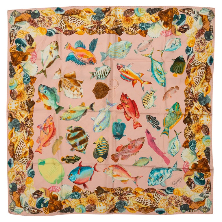 Gucci Light Pink and Multicolor Fish Print Silk Scarf at 1stDibs