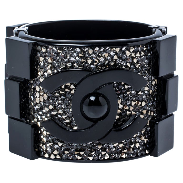 Chanel CC Black Resin Crystal Studded Silver Tone Wide Cuff Bracelet at ...