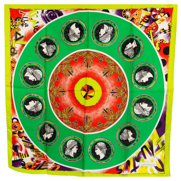 GIANNI VERSACE lime green silk COIN Print Scarf For Sale at 1stDibs