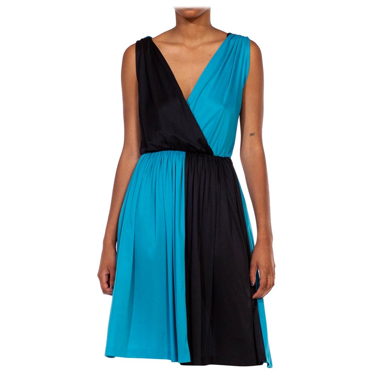 1970S Black and Cyan Blue Polyester Asymmetrical Color Blocked Cocktail ...
