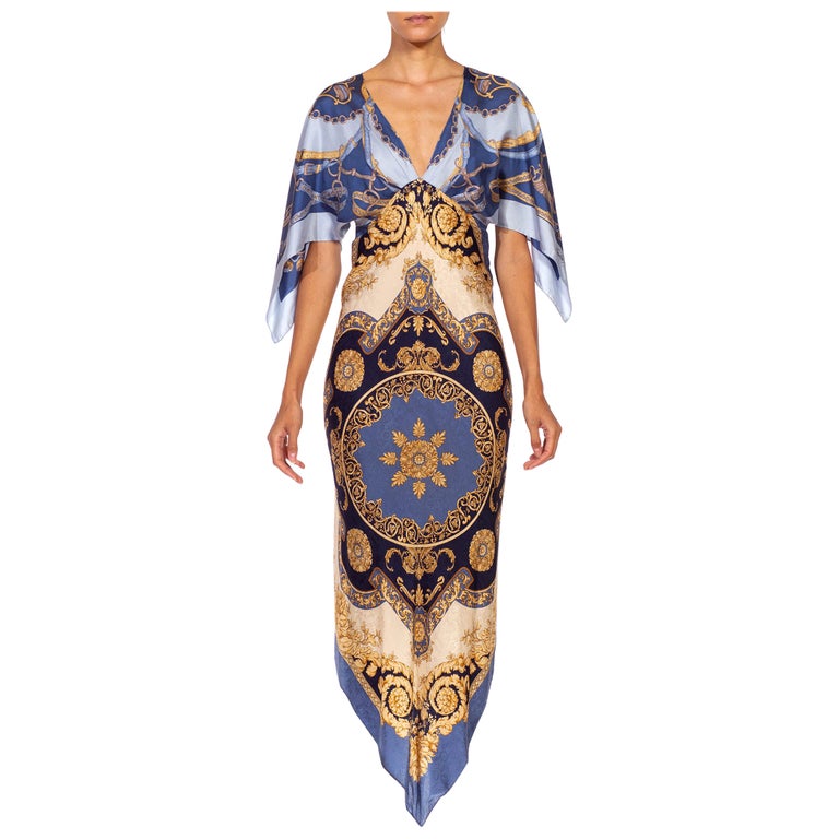 MORPHEW COLLECTION Light Blue Gold Silk Versace Style Print 2-Scarf ...