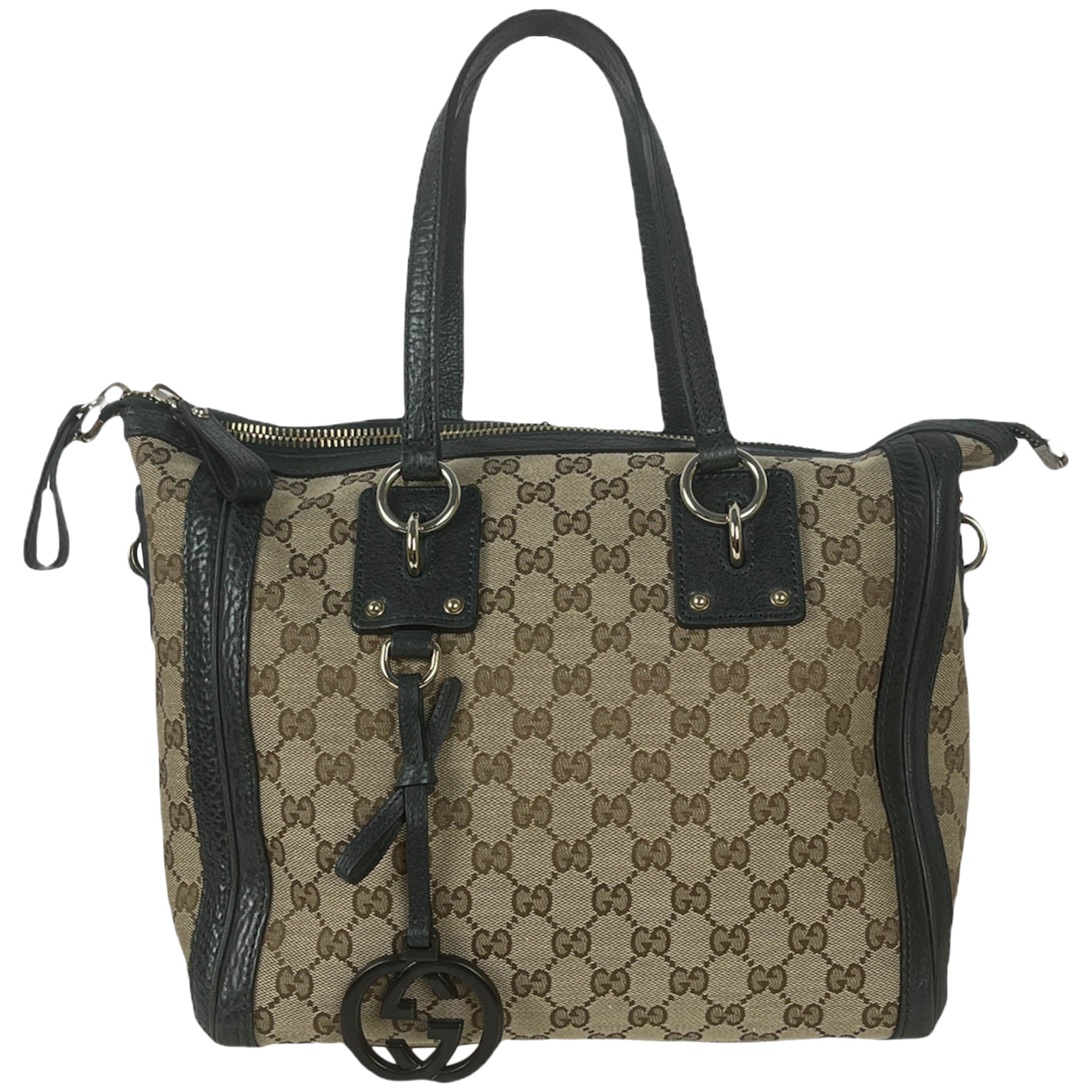 Gucci Green Black Monogram Canvas Leather Round Zip Top Shoulder Bag ...