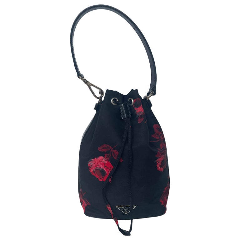 Prada Black/ Red Nylon Floral Print Mini Bucket Bag at 1stDibs