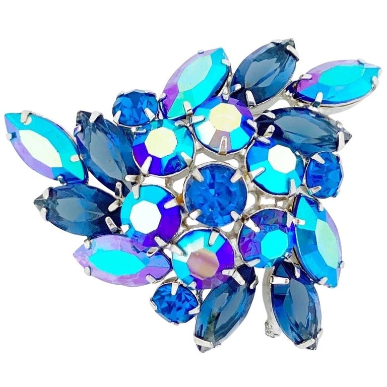 Layered Blue Aurora Borealis Crystal Juliana-Style Brooch, 1960s at 1stDibs