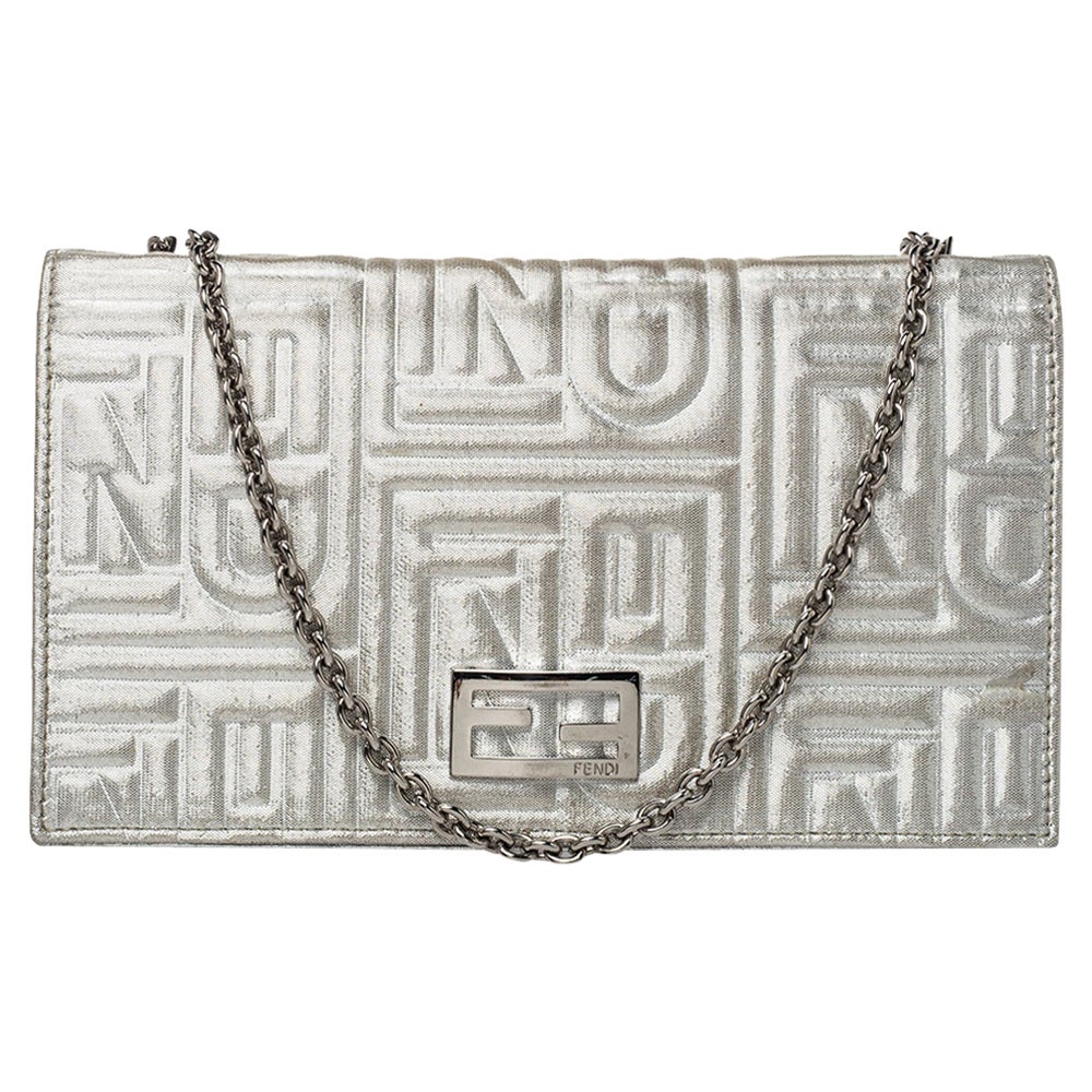 Fendi Metallic Silver Leather Tube Wallet On Chain For Sale at 1stDibs