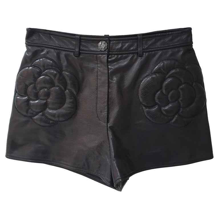Chanel Black Leather Camellia Shorts at 1stDibs