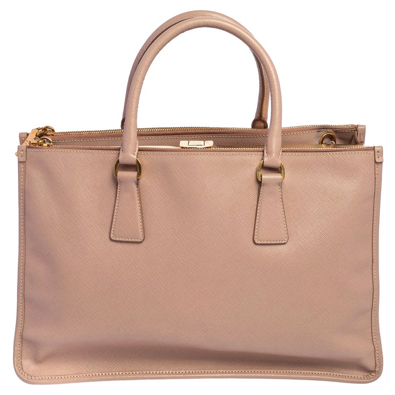 Prada Beige Saffiano Lux Leather Frame Double Zip Tote at 1stDibs