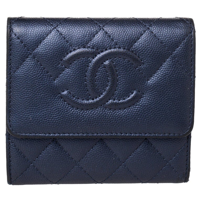 Chanel Navy Blue Quilted Caviar Leather CC Trifold Wallet at 1stDibs