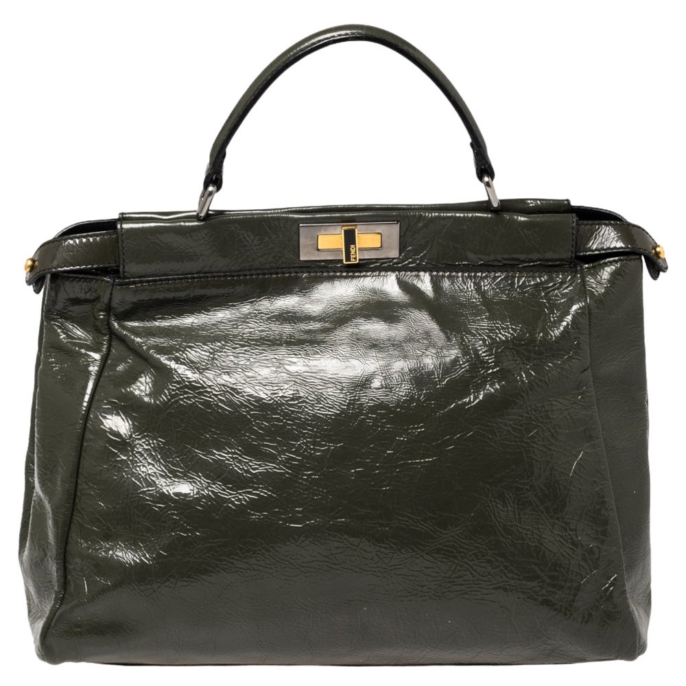 Fendi Crinkled Patent Leather Large Peekaboo Top Handle Bag For Sale At