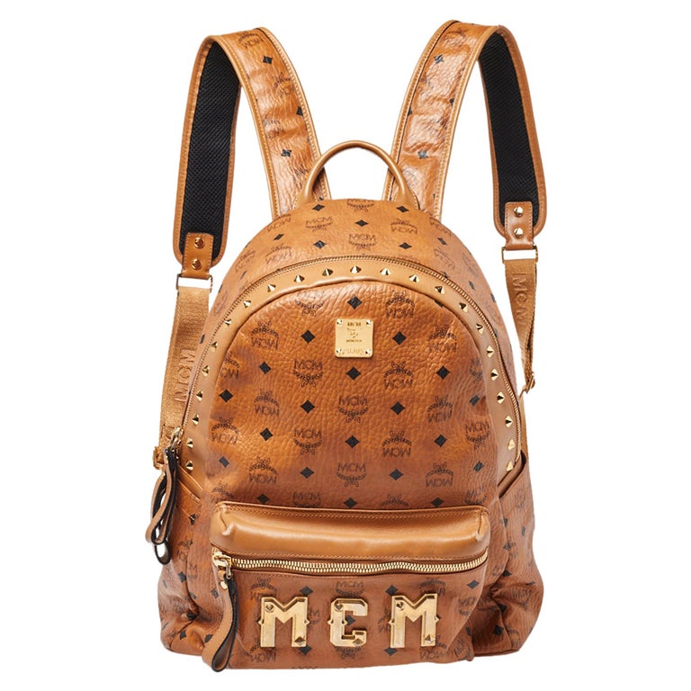 MCM Cognac Visetos Canvas and Leather Trilogie Studded Stark Backpack ...
