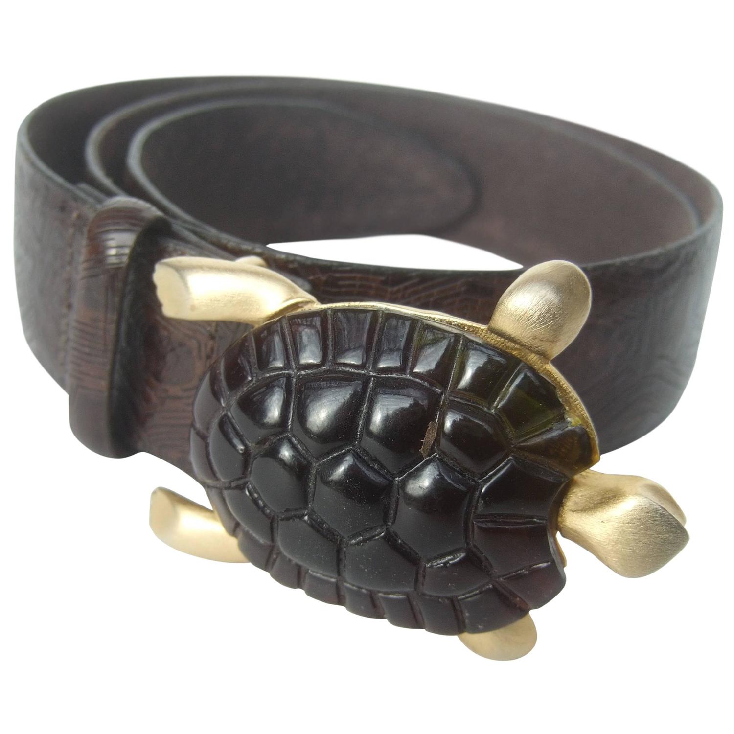 Charming Tortoise Buckle Embossed Brown Leather Belt ca 1990s at 1stdibs