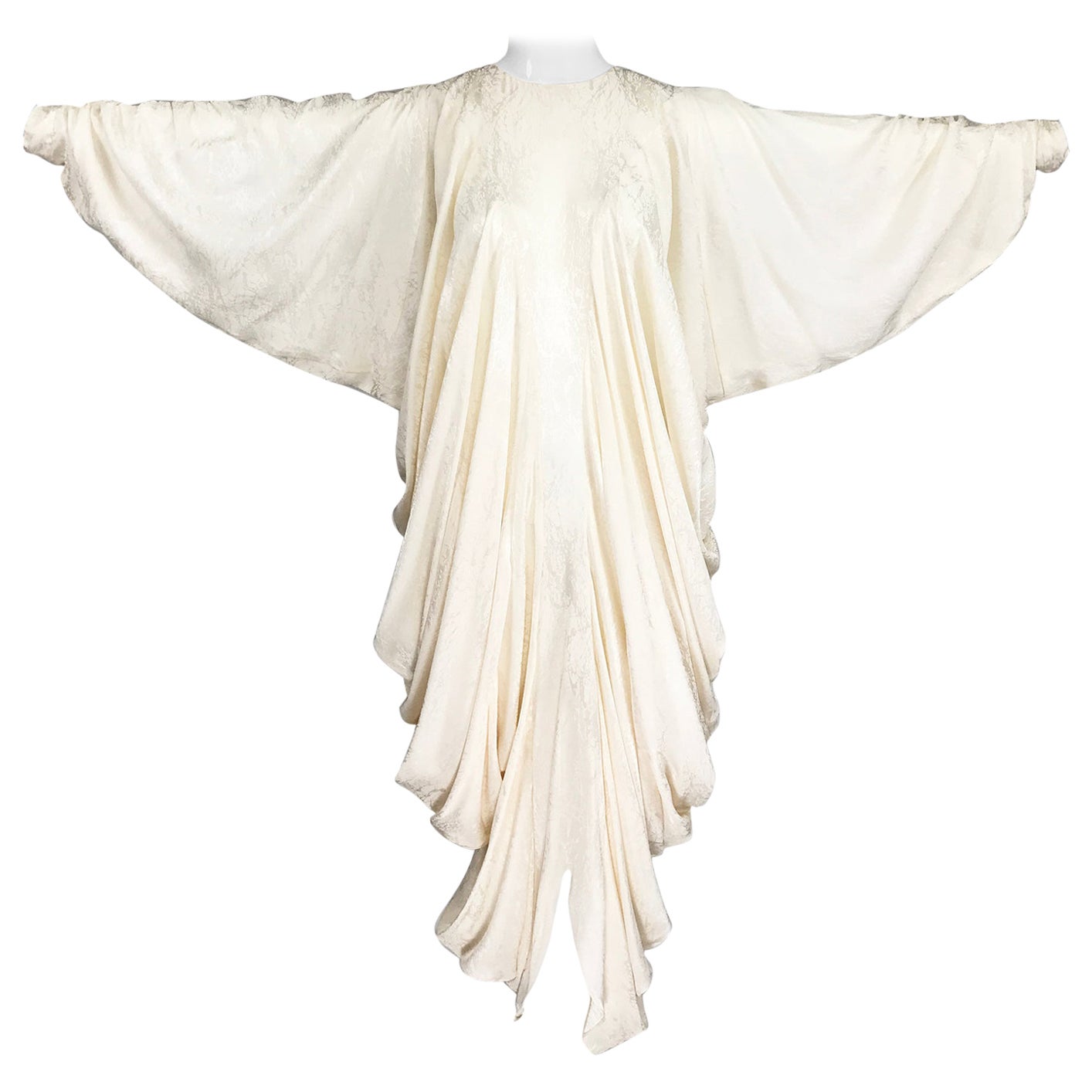Alik Singer Cream Silk Jacquard Satin Bias Draped Bat Wing Dress 1980s ...